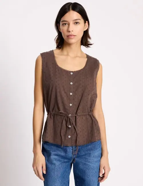 ALBARAY Drawstring Waist Button Through Top - Brown