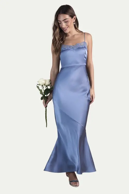 OASIS Lace Trim Strappy Satin Maxi Dress - Blue