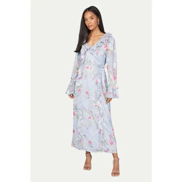 WALLIS Floral Ruffle Belted Midaxi Dress - Blue