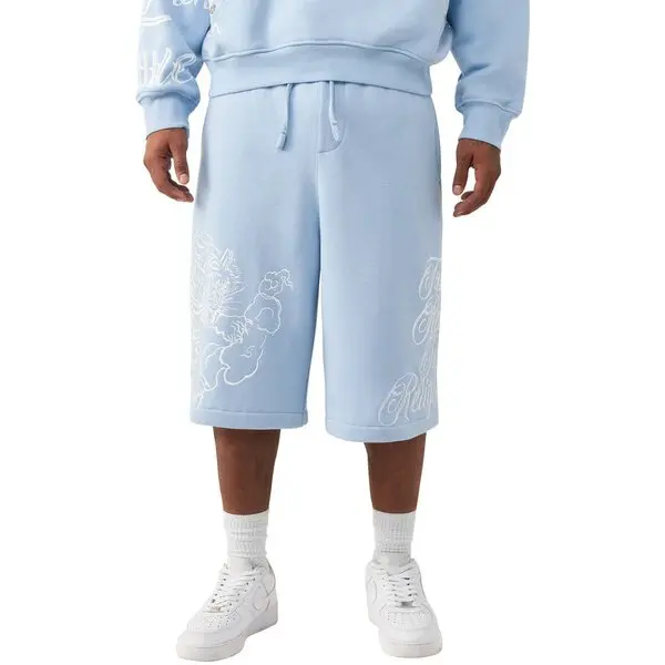 True Religion Tiger Script Drawstring Fleece Shorts - Blue Bell