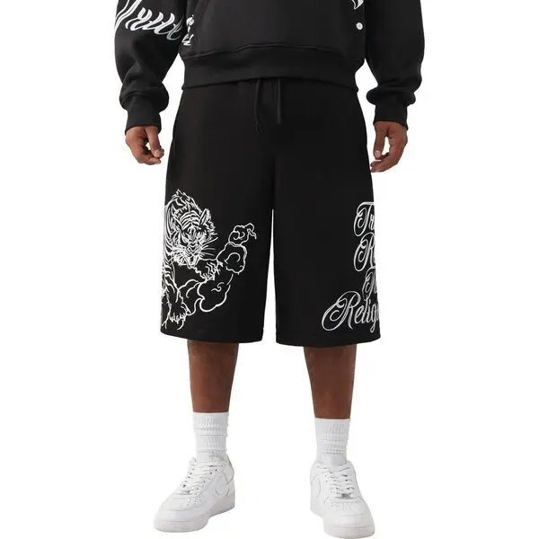 True Religion Tiger Script Drawstring Fleece Shorts - Jet Black