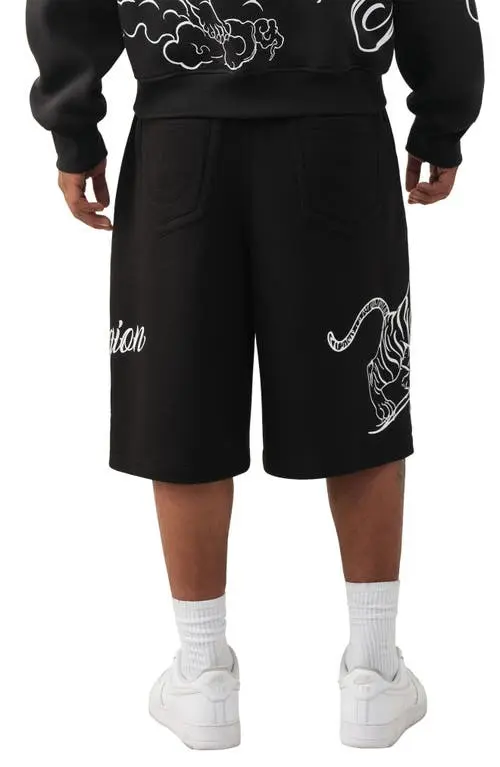 True Religion Tiger Script Drawstring Fleece Shorts - Jet Black