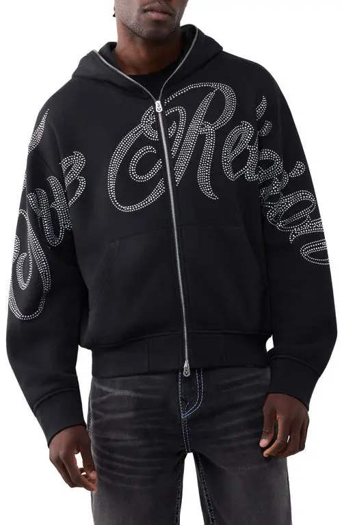 True Religion Crystal Logo Boxy Zip Hoodie - Jet Black