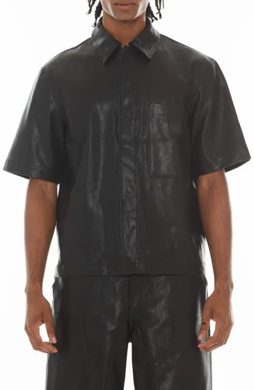 CULT OF INDIVIDUALITY Oversize Short Sleeve Faux Leather Button-up Shirt - Black