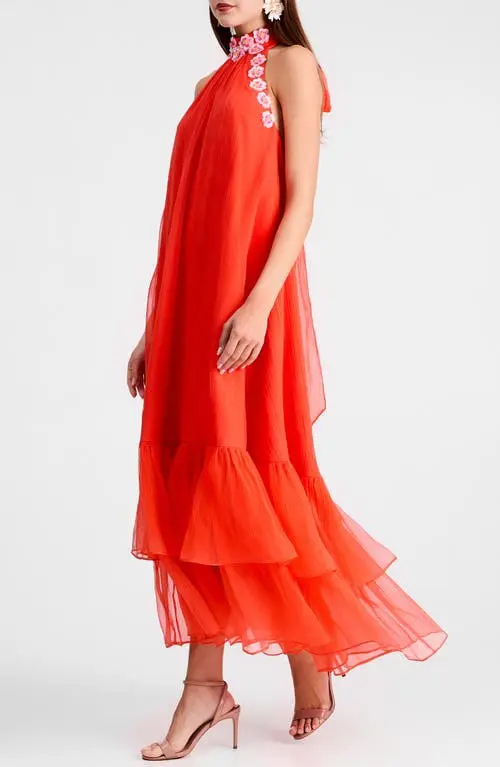 HELSI Romy Floral Appliqué Tiered Crinkle Chiffon Halter Maxi Dress