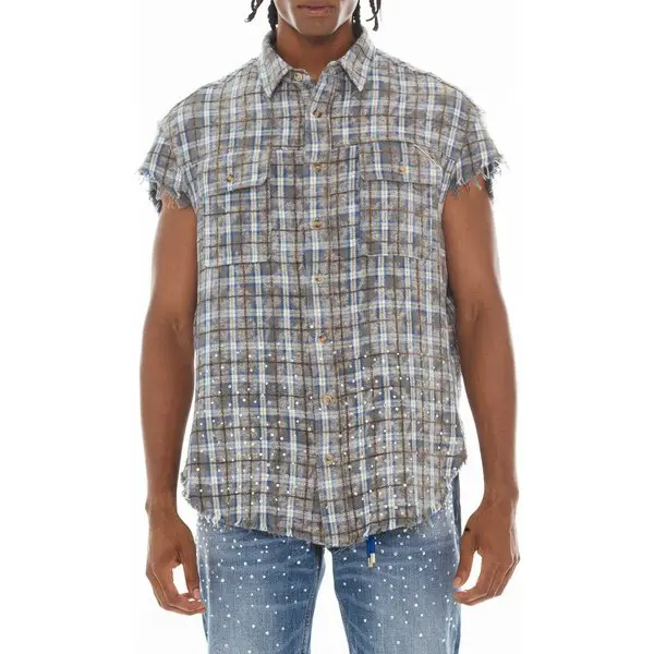 CULT OF INDIVIDUALITY Plaid Short Sleeve Cotton Button-up Shirt - Sky Blue