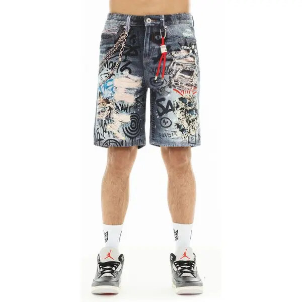 CULT OF INDIVIDUALITY Graffiti Distressed Denim Shorts - Digital