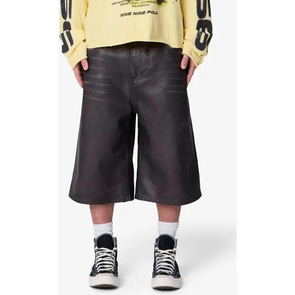 Mnml Ultra Baggy Washed Faux Leather Shorts - Black