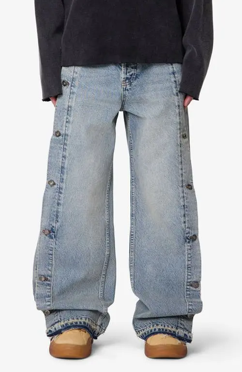 Mnml Offset Button Baggy Jeans - Medium Blue