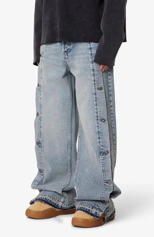 Mnml Offset Button Baggy Jeans - Medium Blue
