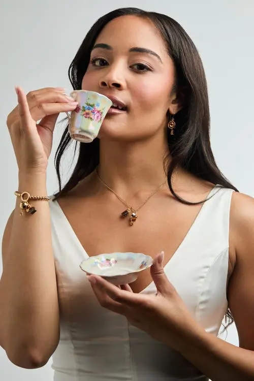 ALEX AND ANI Spill The Tea" Cup & Tea Bag Charm Pendant Necklace - Gold