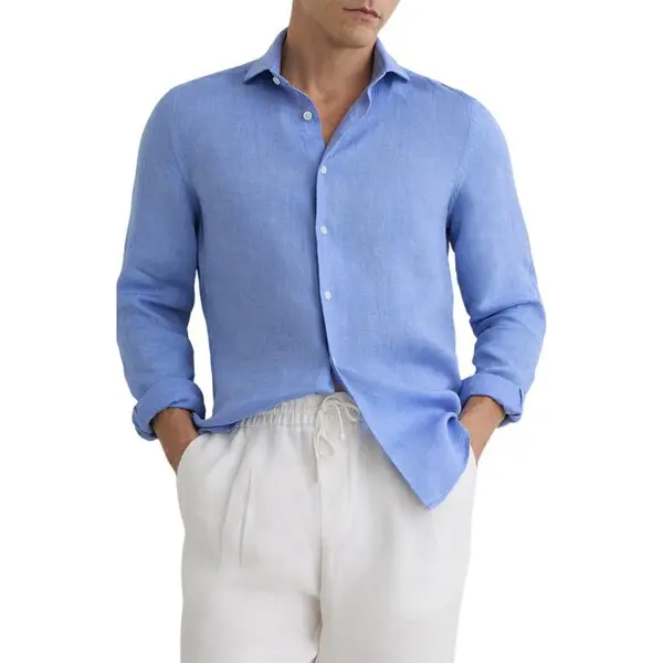 REISS Ruban Regular Fit Solid Linen Button-up Shirt - Buddy Blue