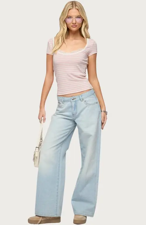 EDIKTED Layered Lace Trim Stripe T-shirt