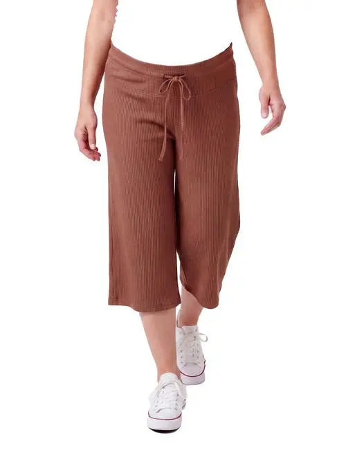 24SEVEN COMFORT APPAREL Maternity Basic Ribbed Knit Drawstring Flared Capri Pants - Mocha