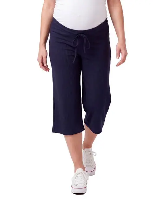 24SEVEN COMFORT APPAREL Maternity Basic Ribbed Knit Drawstring Flared Capri Pants - Navy