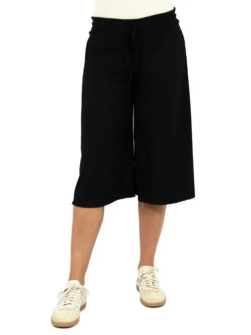24SEVEN COMFORT APPAREL Basic Ribbed Knit Drawstring Flared Capri Pants - Black