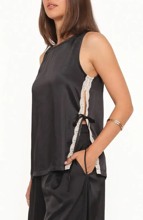 PETAL & PUP Coleman Side Slit Satin & Lace Top - Black