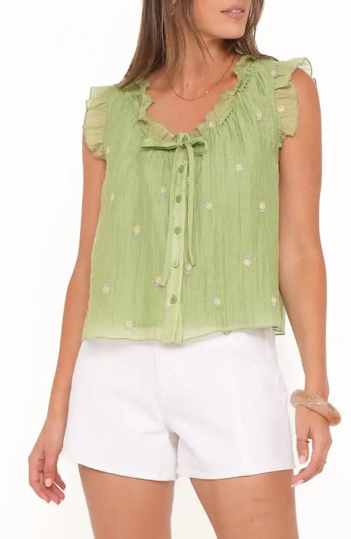 PETAL & PUP Lumi Embroidery Detail Ruffle Neck Button-up Top - Green
