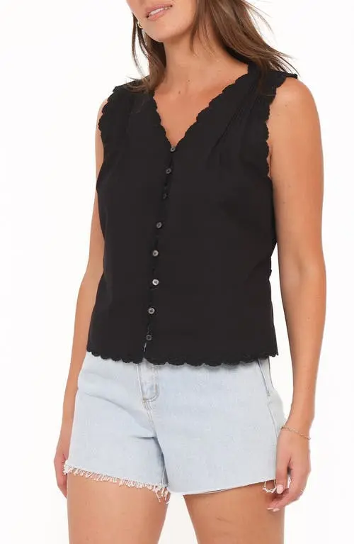 PETAL & PUP Sleeveless V-neck Button-up Cotton Shirt With Lace Trim