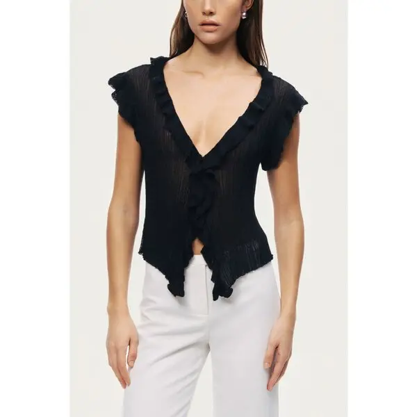 NOCTURNE Ruffled V-neck Sheer Blouse - Black