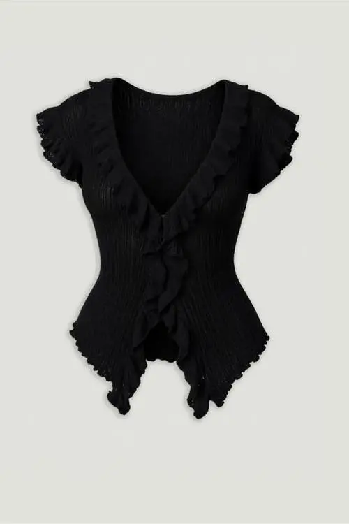 NOCTURNE Ruffled V-neck Sheer Blouse