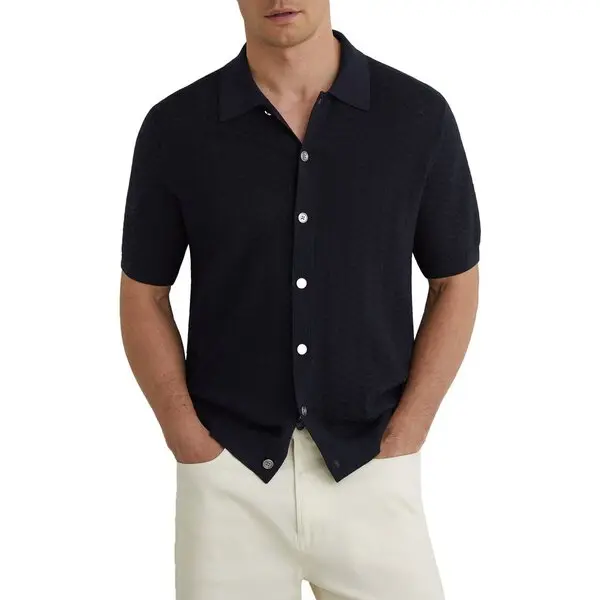REISS Phoenix Chevron Knit Button-up Shirt - Navy