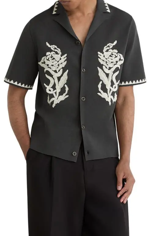REISS Folia Floral Embroidered Knit Camp Shirt - Anthracite Grey