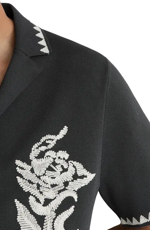 REISS Folia Floral Embroidered Knit Camp Shirt - Anthracite Grey