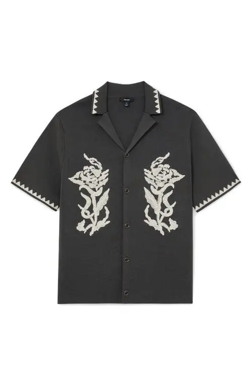 REISS Folia Floral Embroidered Knit Camp Shirt - Anthracite Grey