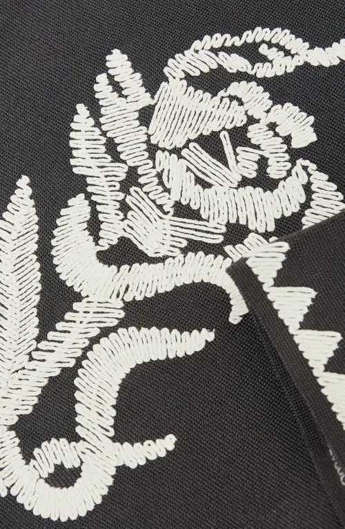 REISS Folia Floral Embroidered Knit Camp Shirt - Anthracite Grey