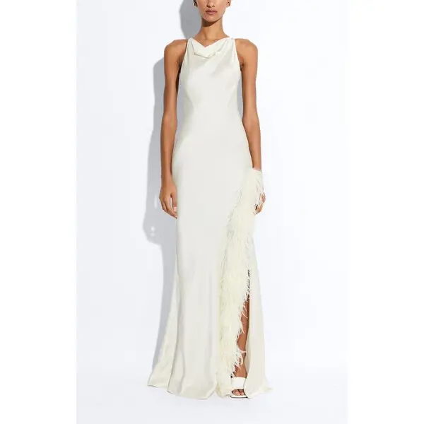 Lapointe Satin Halter Gown With Feathers - Cream
