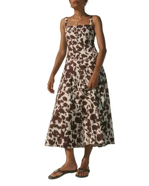 Mint Velvet Linen Blend Printed Midi Dress - Brown