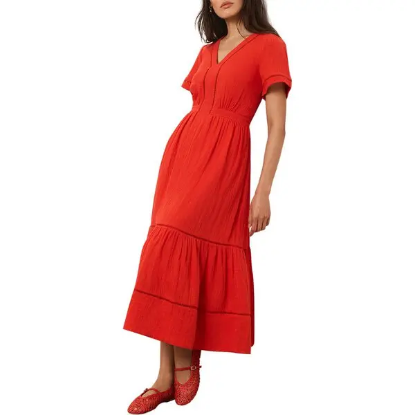 Mint Velvet Cotton Cheesecloth Midi Dress - Red