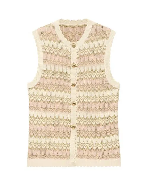 Mint Velvet Striped Knit Waistcoat With Scallop Trim And Shell Buttons