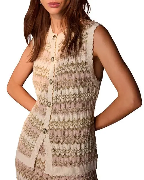 Mint Velvet Striped Knit Waistcoat With Scallop Trim And Shell Buttons