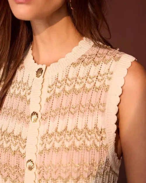Mint Velvet Striped Knit Waistcoat With Scallop Trim And Shell Buttons