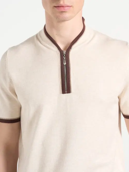 Manière De Voir Clement Crew Neck Zip Polo Shirt - Cream