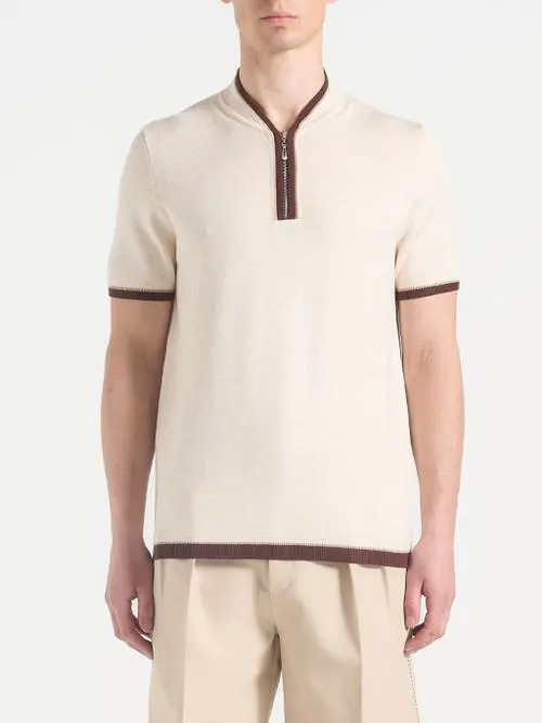 Manière De Voir Clement Crew Neck Zip Polo Shirt - Cream