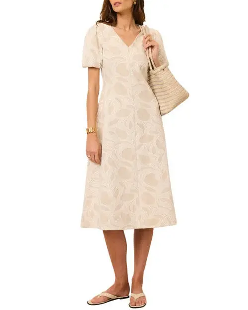 Mint Velvet Jacquard Puff Sleeve Midi Dress - Cream