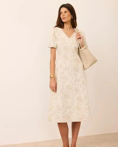 Mint Velvet Jacquard Puff Sleeve Midi Dress