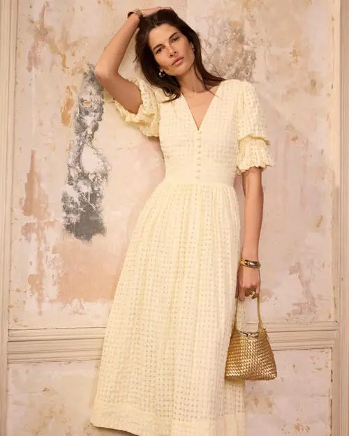 Mint Velvet Seersucker Checked Midi Dress - Yellow
