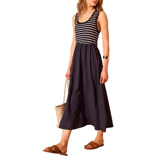 Mint Velvet Striped Scallop Trim Midi Dress - Navy