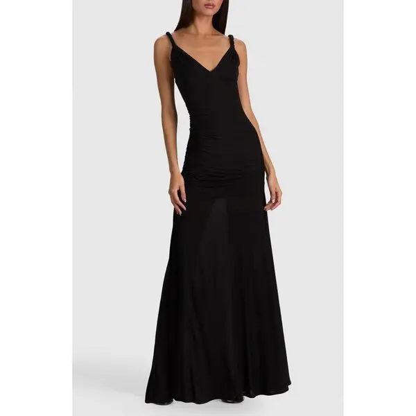 Alice + Olivia Bianca Twist Strap Ruched Sleeveless Maxi Dress - Black