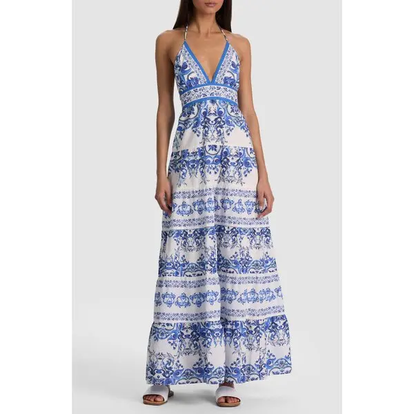Alice + Olivia Karolina Print Cotton Halter Maxi Dress - Solstice