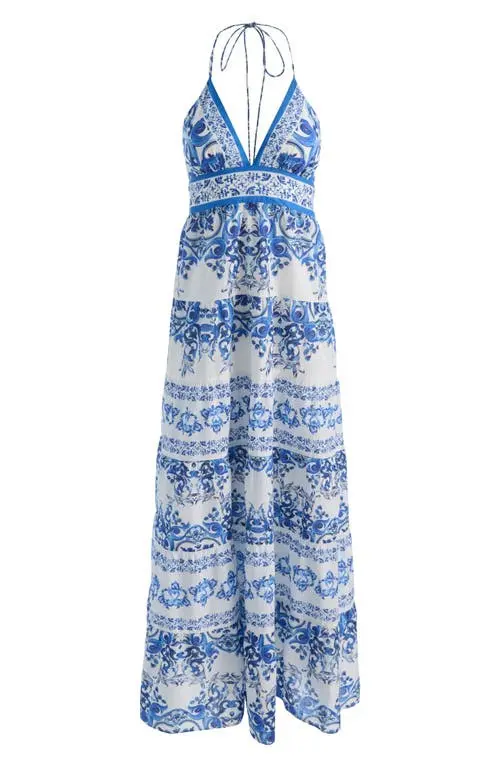 Alice + Olivia Karolina Print Cotton Halter Maxi Dress