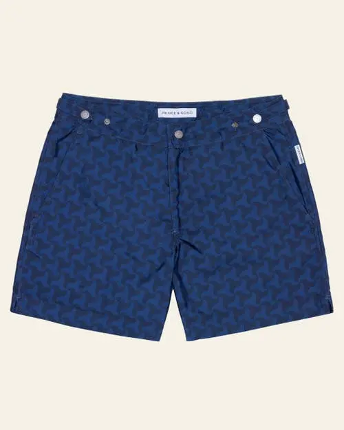 PRINCE & BOND Elvio Tailored Printed Swim Shorts - Navy