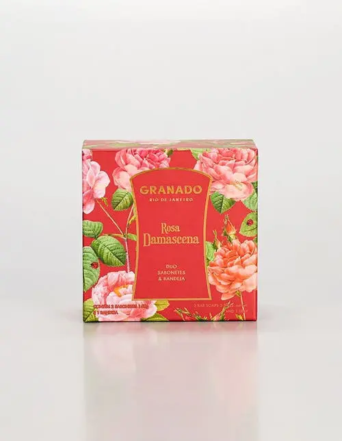 GRANADO Rosa Damascena Bar Soap Duo & Glass Tray Kit