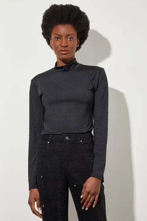 Ming Wang Crystal Detail Mock Neck Top - Black