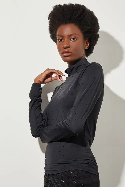 Ming Wang Embellished Mock Neck Top