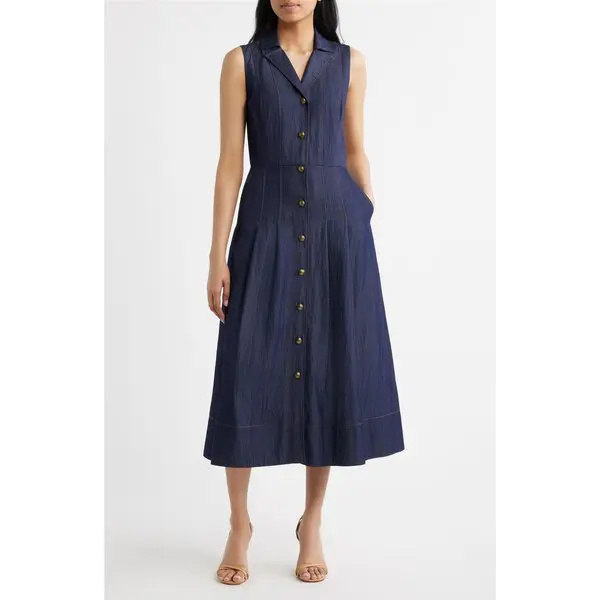 Vince Camuto Sleeveless Midi Dress With Button Detail - Denim